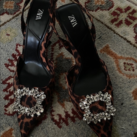 Zara | Shoes | Zara Brown Leopard Print Heels With Crystal Detail ...